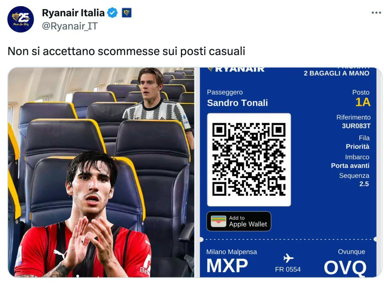 Il meme di Ryanair su Tonali e Fagioli prende il volo: "non si ...
